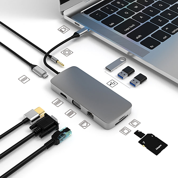 BL10V 10 en 1 USB-C / TIPO-C a RJ45 + VGA + HDMI + 3.5mm AUX + SD / TF ...